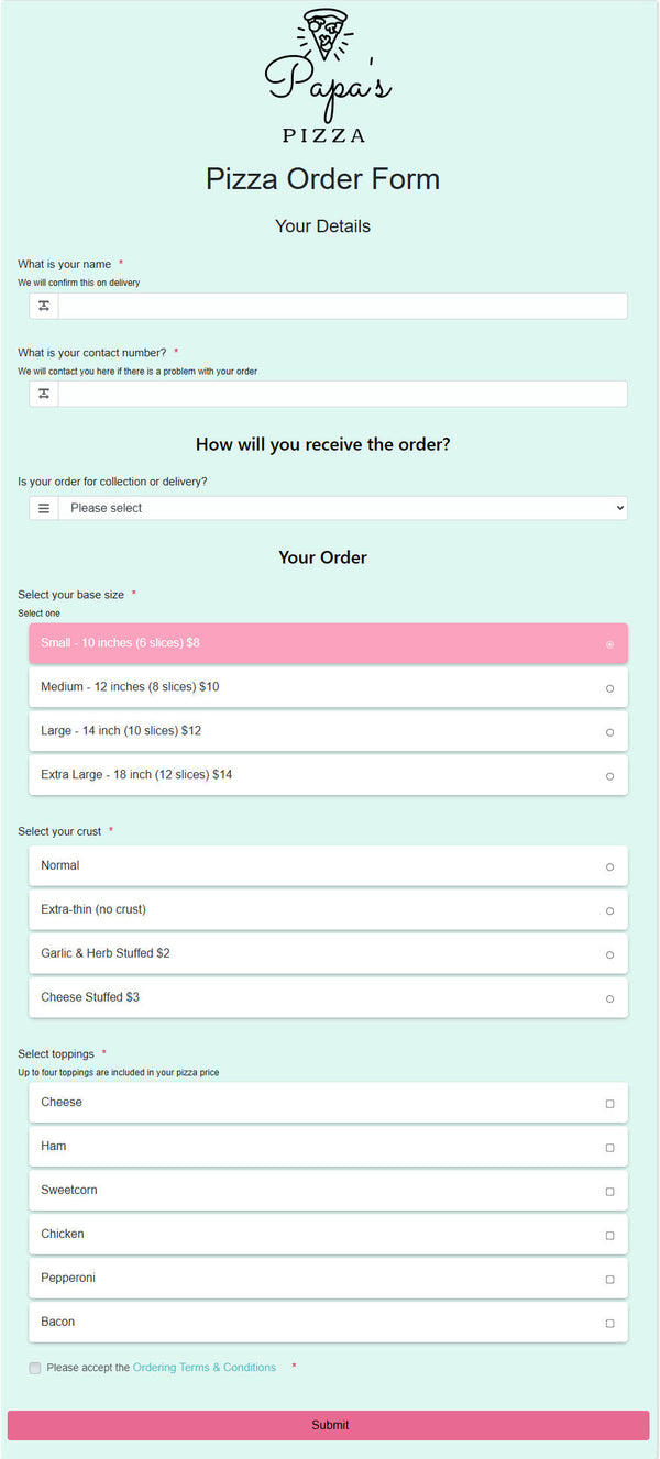 Pizza Order Form - PifyApp - Help you to build a customized shopify store