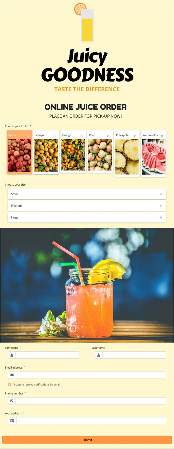 Juice Order Form - PifyApp - Help you to build a customized shopify store